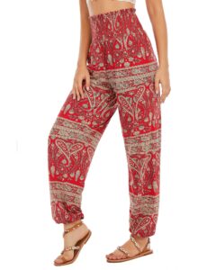 qianxizhan women's harem pants, high waist yoga boho trousers with pockets burgundy red s