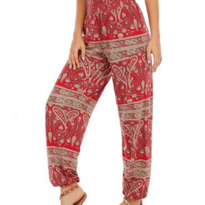 QIANXIZHAN Women's Harem Pants, High Waist Yoga Boho Trousers with Pockets Burgundy Red S