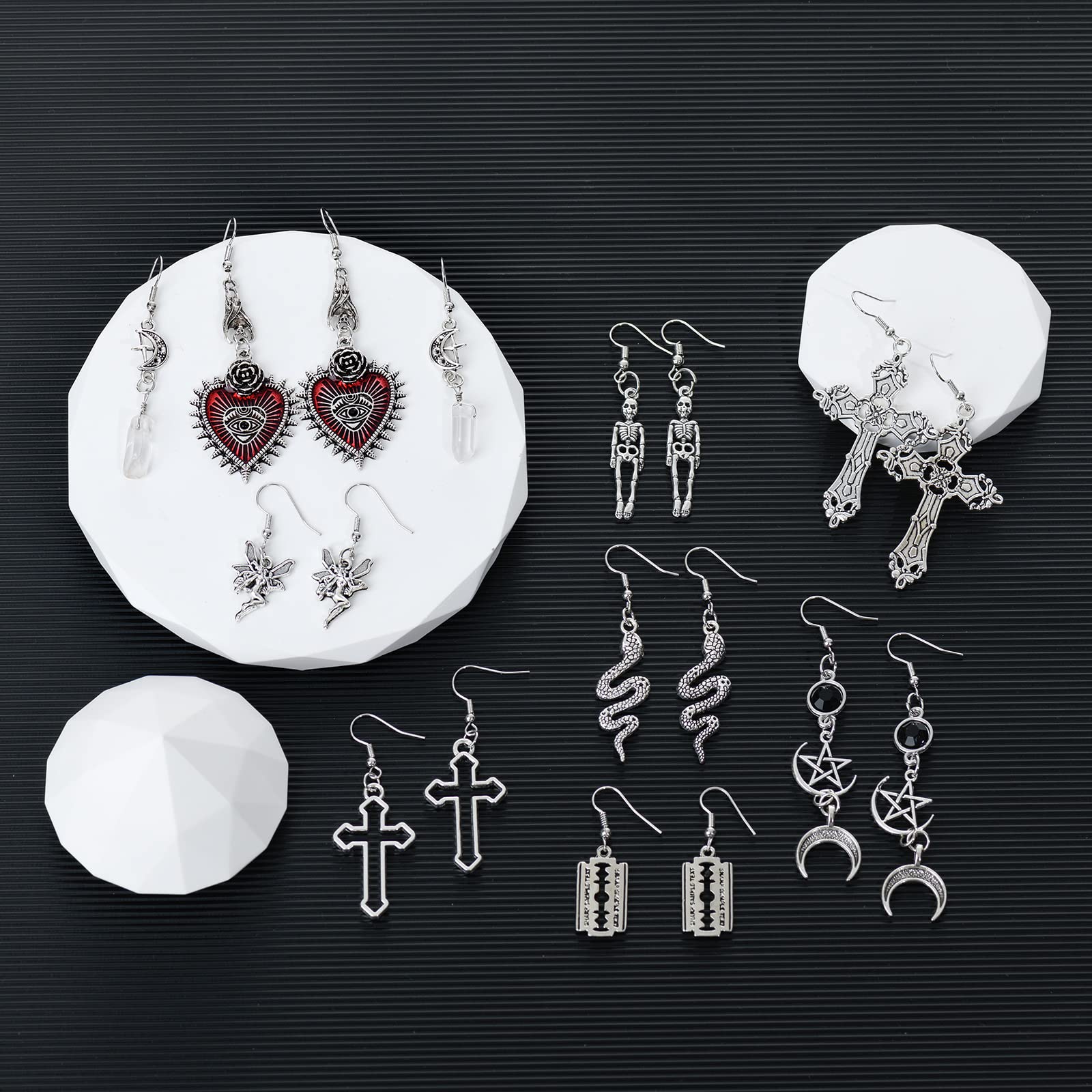 KURTCB Gothic Punk Vintage Earrings Set Grunge Y2k Jewelry Fairy Rock Harajuku Snake Evil Eye Hear Cross Skeleton Crystal Dangle Halloween Earrings for Women