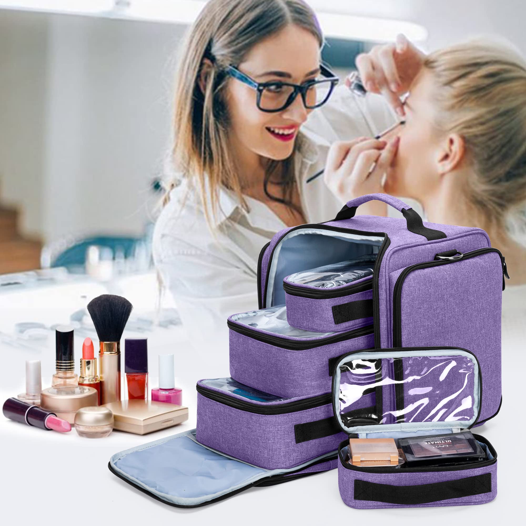 BAFASO Makeup Bag Cosmetic Bag with 4 Inner Removable Pouches, Multifunctional Travel Makeup Case (Patent Pending), Purple