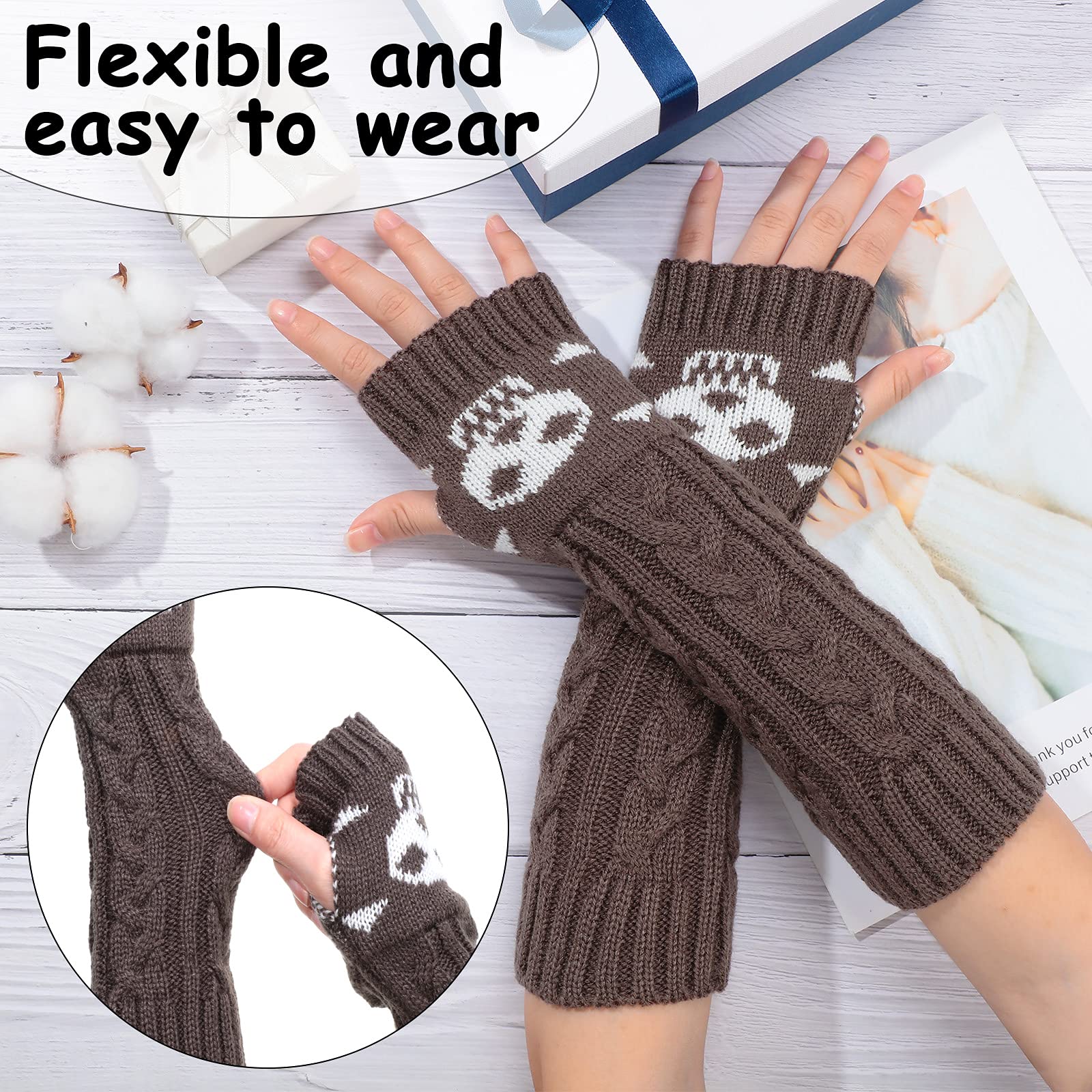 SATINIOR 2 Pairs Women's Cable Knit Arm Warmers Fingerless Gloves Thumb Hole Mittens Crossbones Skull Jacquard Knit Gloves Mittens Punk Long Arm Warmers with Thumb Hole