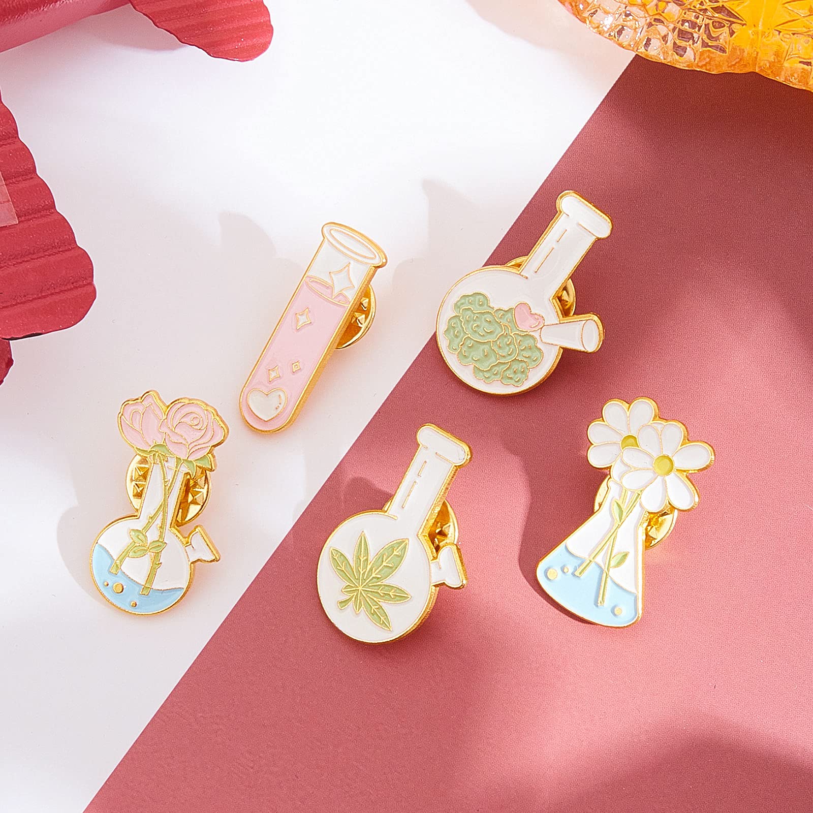 10 Pieces Pin Brooches Cute Floral Kawaii Pins Flask Test Tube Backpack Pins Aesthetic Spring Flower Plant Pins Set for Jackets Lapel Scientist Pins for Backpacks Clothes Caps Bags