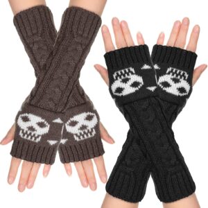 satinior 2 pairs women's cable knit arm warmers fingerless gloves thumb hole mittens crossbones skull jacquard knit gloves mittens punk long arm warmers with thumb hole