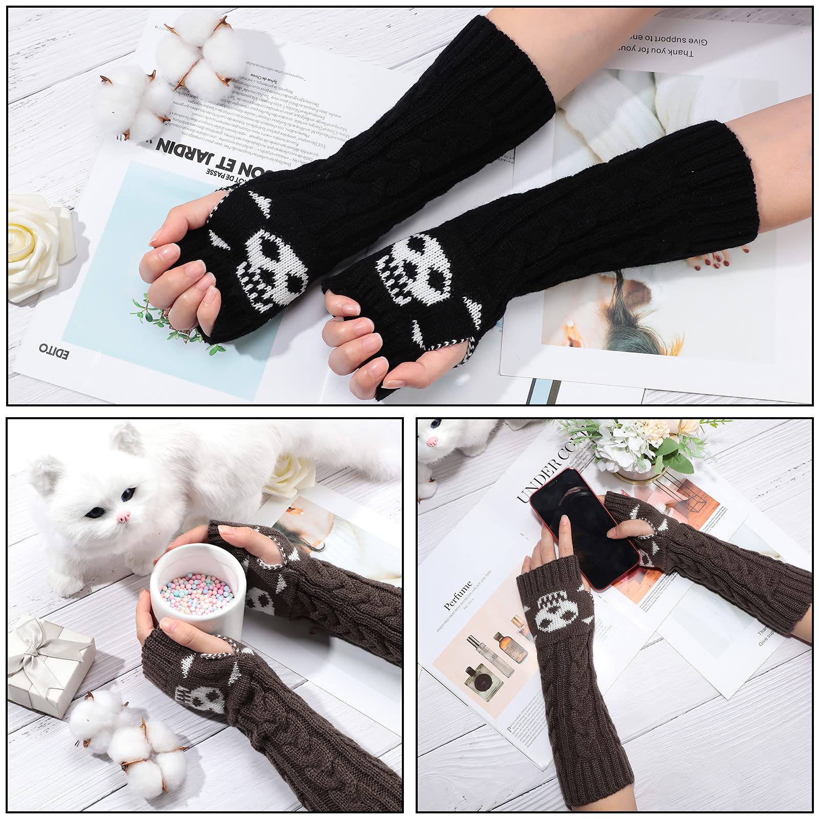 SATINIOR 2 Pairs Women's Cable Knit Arm Warmers Fingerless Gloves Thumb Hole Mittens Crossbones Skull Jacquard Knit Gloves Mittens Punk Long Arm Warmers with Thumb Hole