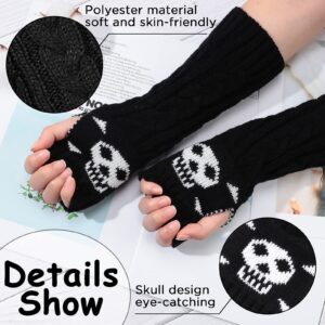 SATINIOR 2 Pairs Women's Cable Knit Arm Warmers Fingerless Gloves Thumb Hole Mittens Crossbones Skull Jacquard Knit Gloves Mittens Punk Long Arm Warmers with Thumb Hole