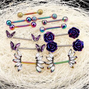 Vsnnsns 14G Nipple Rings for Women Stainless Steel Butterfly Nipple Rings Flower Nipple Piercing Jewelry CZ Nipple Rings Surgical Steel Nipple Jewelry Barbell Body Piercing Jewelry Rainbow