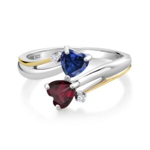 Gem Stone King 1.07 Ct Blue Created Sapphire Red Rhodolite Garnet 925 Silver and 10K Yellow Gold Lab Grown Diamond 2 Heart Promise Couple Engagement Mother Ring (Size 9)