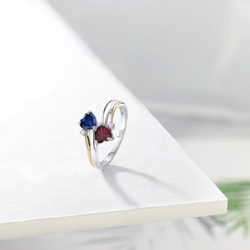 Gem Stone King 1.07 Ct Blue Created Sapphire Red Rhodolite Garnet 925 Silver and 10K Yellow Gold Lab Grown Diamond 2 Heart Promise Couple Engagement Mother Ring (Size 9)