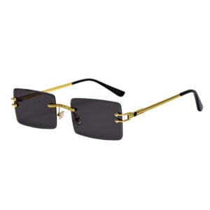 street knitted men's vintage rimless gold frame black tint retro rectangular sunglasses