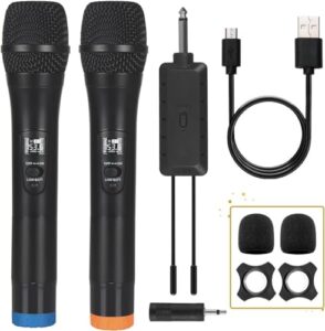 alpowl wireless microphone, uhf dual cordless dynamic mic system,handheld karaoke microphone with rechargeable receiver(auto connect,200 ft range) for singing, church, speech, wedding, party