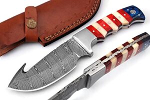 zzz damascus gut hook skinning hunting knife with leather sheath- best damascus steel american flag hunting knife