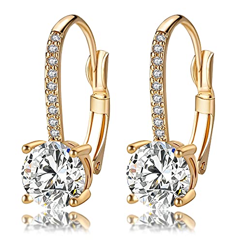 Ladies 1 Carat Diamond Pendant Earrings 18K Gold Plated Cubic Zirconia Hanging Lever Bridal Earrings Girls and Women's Fashion Jewelry (gold)