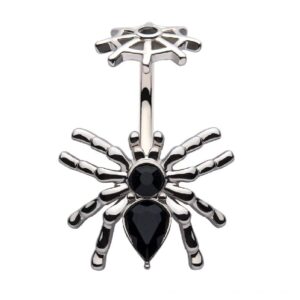 pierced owl 14ga black cz crystal bodied spider with fixed web top 316l surgical stainless steel navel belly button ring