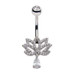 pierced owl 14ga multi clear cz paved lotus flower with dangling cz teardrop 316l surgical stainless steel navel belly button ring