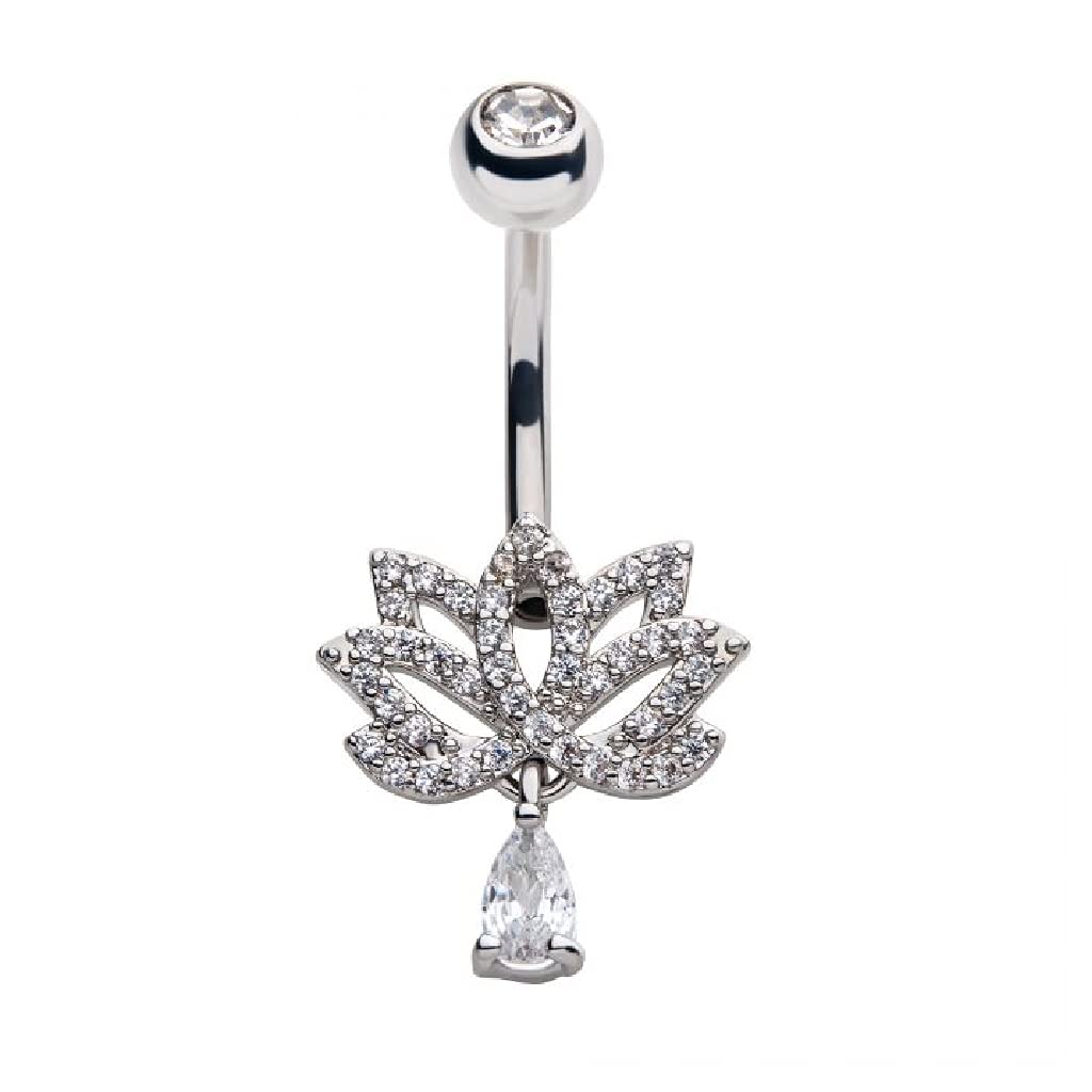 Pierced Owl 14GA Multi Clear CZ Paved Lotus Flower with Dangling CZ Teardrop 316L Surgical Stainless Steel Navel Belly Button Ring