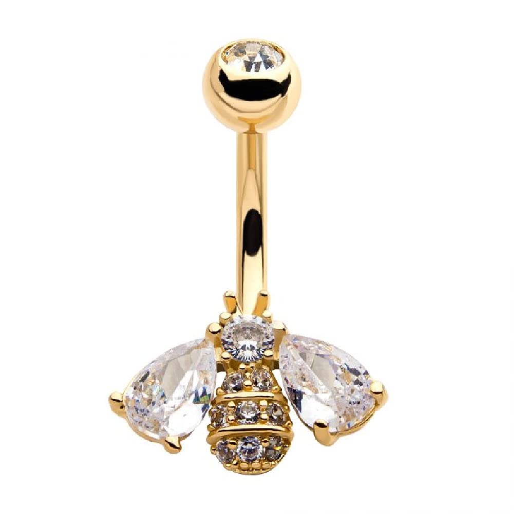 Pierced Owl 14GA Golden Honey Bee with Clustered CZ & Beads 316L Surgical Stainless Steel Navel Belly Button Ring