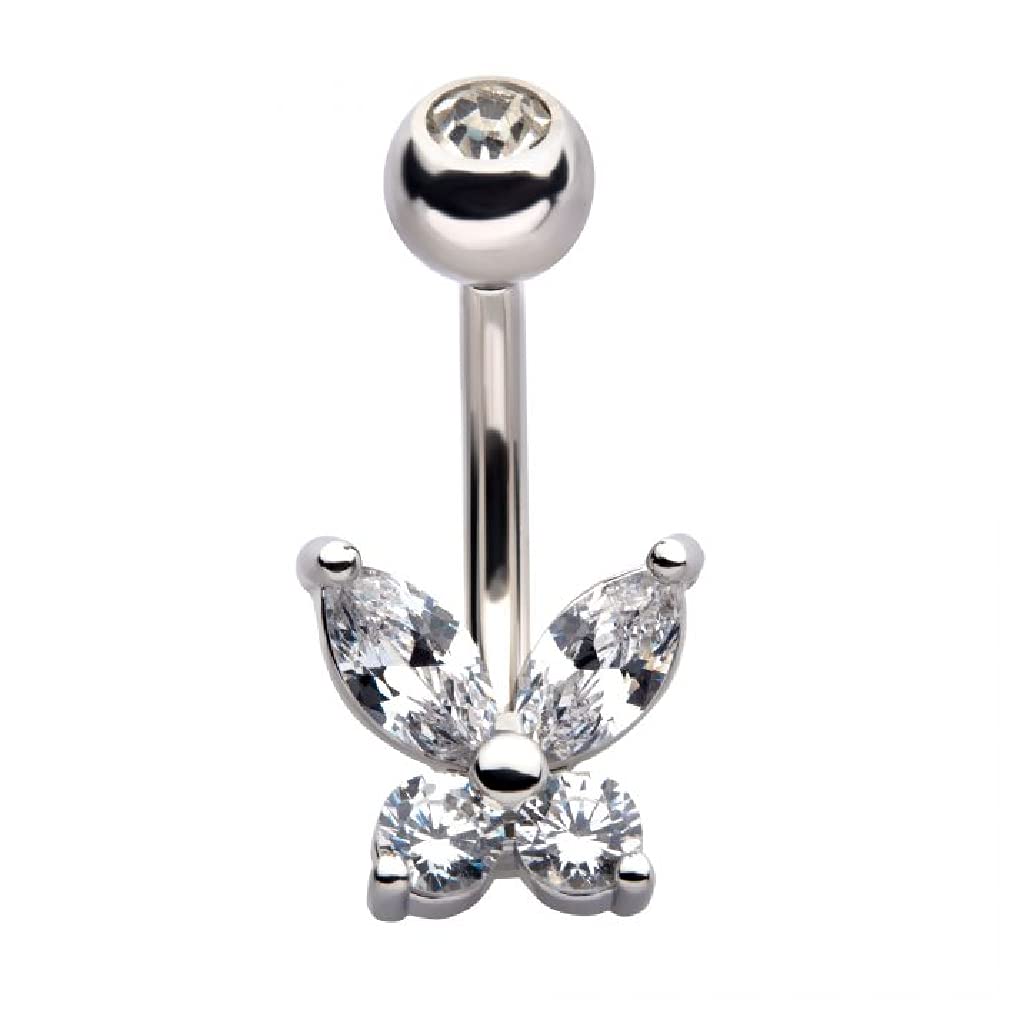 Pierced Owl 14GA Clear Simple CZ Butterfly 316L Surgical Stainless Steel Navel Belly Button Ring