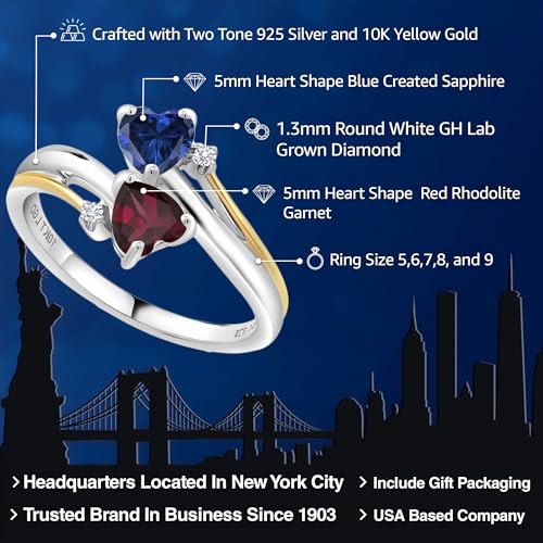 Gem Stone King 1.07 Ct Blue Created Sapphire Red Rhodolite Garnet 925 Silver and 10K Yellow Gold Lab Grown Diamond 2 Heart Promise Couple Engagement Mother Ring (Size 9)