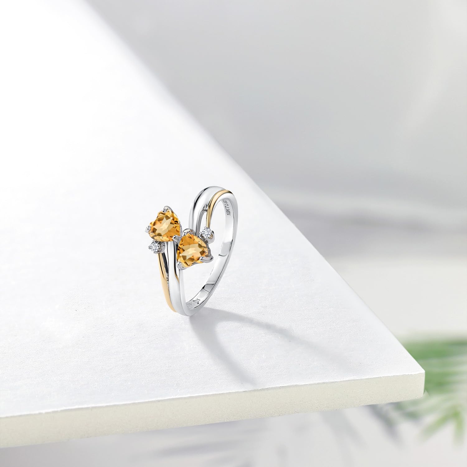 Gem Stone King 925 Silver and 10K Yellow Gold Yellow Citrine and White Lab Grown Diamond 2 Heart Promise Couple Engagement Mother Ring (0.94 Cttw, Gemstone Birthstone, Available In Size 5, 6, 7, 8, 9)