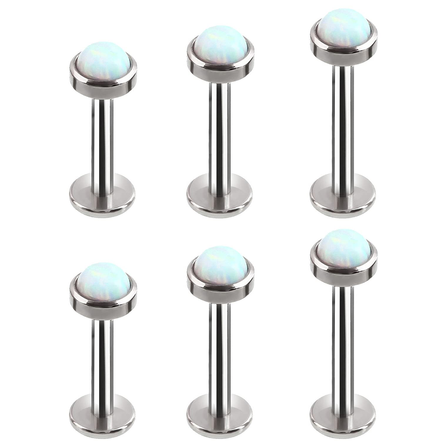 FM FM42 Stainless Steel 4mm Diameter Simulated Opal 16G 6/8/10mm Height Labret Monroe Stud (Pack of 6)