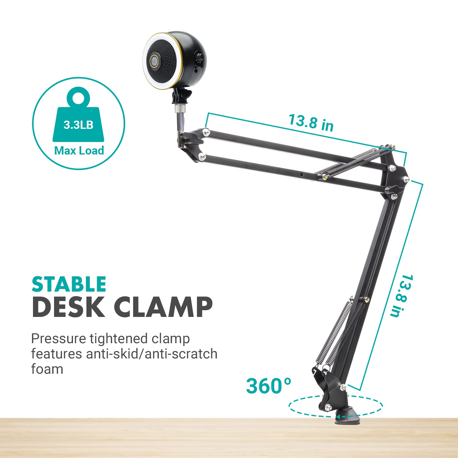 Movo Studio Boom Microphone Arm for Webcam - Scissor Suspension Stand for Webcam, WebMic, Microphone, Ring Light with USB-C to USB-A Extension Cable and Thread Adapters - Boom Arm for Microphone