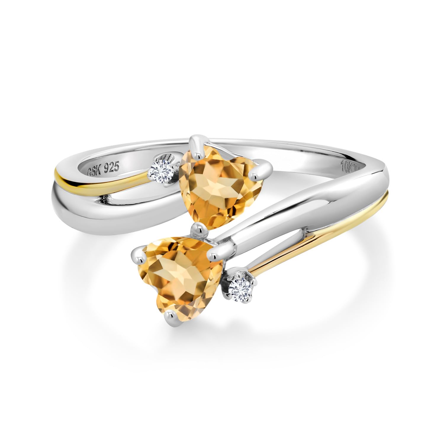 Gem Stone King 925 Silver and 10K Yellow Gold Yellow Citrine and White Lab Grown Diamond 2 Heart Promise Couple Engagement Mother Ring (0.94 Cttw, Gemstone Birthstone, Available In Size 5, 6, 7, 8, 9)