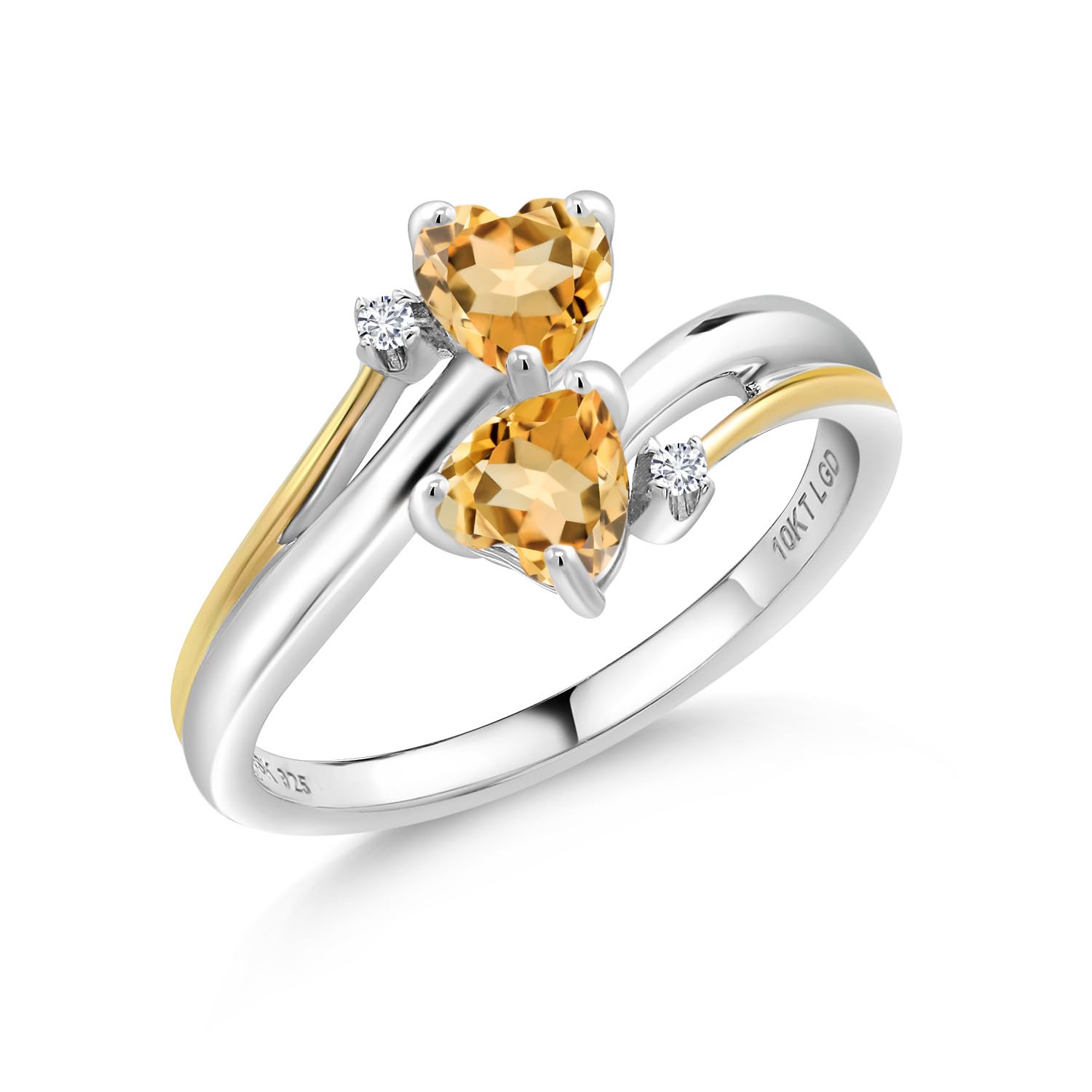 Gem Stone King 925 Silver and 10K Yellow Gold Yellow Citrine and White Lab Grown Diamond 2 Heart Promise Couple Engagement Mother Ring (0.94 Cttw, Gemstone Birthstone, Available In Size 5, 6, 7, 8, 9)