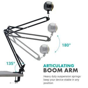 Movo Studio Boom Microphone Arm for Webcam - Scissor Suspension Stand for Webcam, WebMic, Microphone, Ring Light with USB-C to USB-A Extension Cable and Thread Adapters - Boom Arm for Microphone