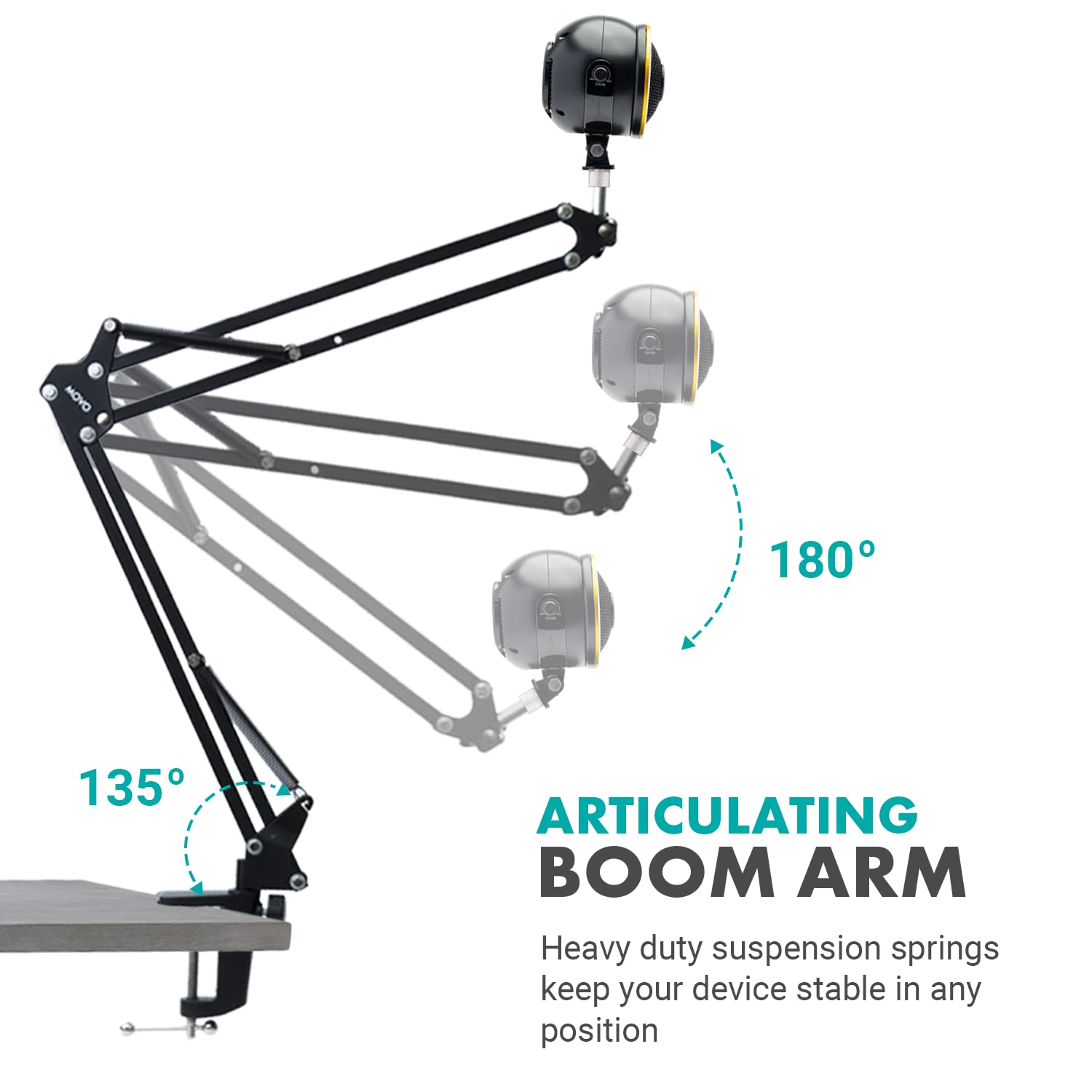 Movo Studio Boom Microphone Arm for Webcam - Scissor Suspension Stand for Webcam, WebMic, Microphone, Ring Light with USB-C to USB-A Extension Cable and Thread Adapters - Boom Arm for Microphone