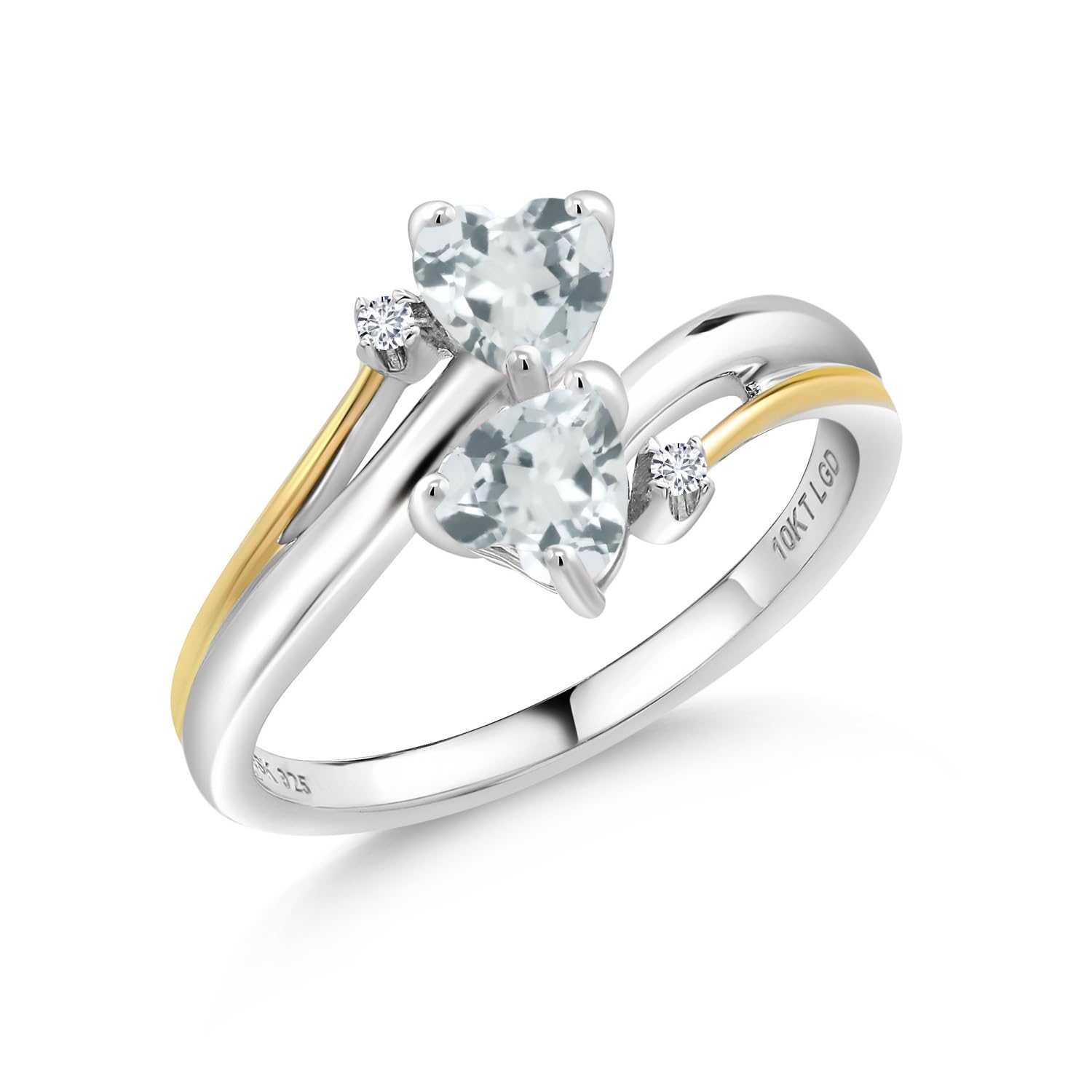 925 Silver and 10K Yellow Gold Sky Blue Aquamarine and White Lab Grown Diamond 2 Heart Promise Couple Engagement Mother Ring (0.85 Cttw, Gemstone Birthstone, Available In Size 5, 6, 7, 8, 9)