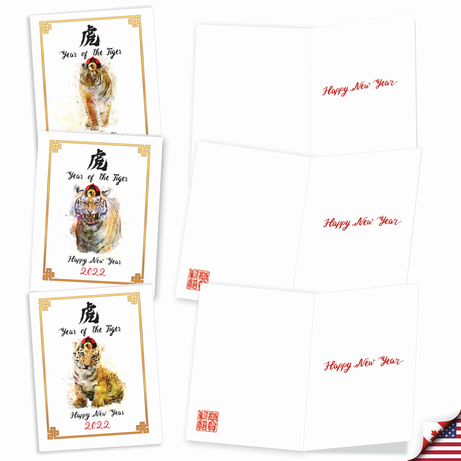 The Best Card Company - 20 Lunar New Year 2022 Box Set 4 x 5.12 Inch w/Envelopes (not Gold Foil) Chinese Animals for Men, Women Variety Pack (10 Designs, 2 Each) Year of The Tiger AM8989CNG-B2x10-22