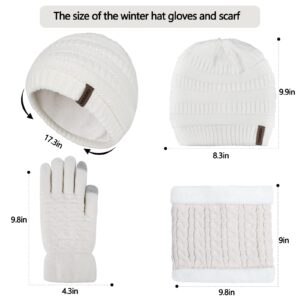 Women Beanie Hat Gloves and Scarf Set Winter Warm Knit Cap Thick Fleece Lined Neck Warmer White Snow Ski Cold Weather, Gorras Gorros Guantes Bufandas de Invierno para Mujer, Gift for Mom