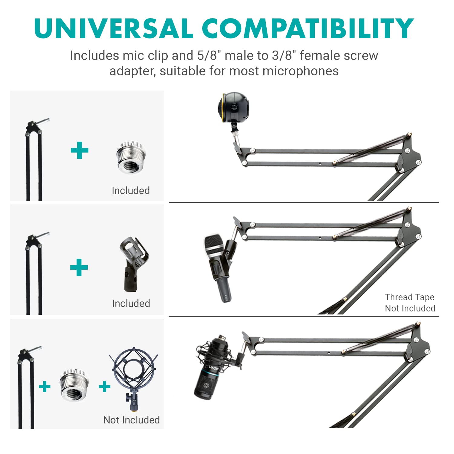 Movo Studio Boom Microphone Arm for Webcam - Scissor Suspension Stand for Webcam, WebMic, Microphone, Ring Light with USB-C to USB-A Extension Cable and Thread Adapters - Boom Arm for Microphone