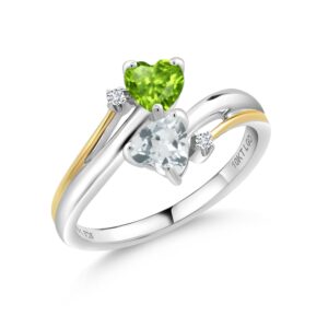 925 sterling silver and 10k yellow gold green peridot sky blue aquamarine and lab grown diamond 2 heart couple engagement mother ring (0.94 cttw, gemstone birthstone, available in size 5, 6, 7, 8, 9)