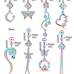 Vsnnsns 14G Belly Button Rings Belly Rings for Women Stainless Steel Butterfly Belly Piercing Jewelry Surgical Steel Dangle Belly Button Rings Curved Navel Ring Barbell Body Jewelry Piercing Rainbow