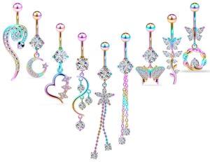 vsnnsns 14g belly button rings belly rings for women stainless steel butterfly belly piercing jewelry surgical steel dangle belly button rings curved navel ring barbell body jewelry piercing rainbow