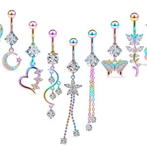 Vsnnsns 14G Belly Button Rings Belly Rings for Women Stainless Steel Butterfly Belly Piercing Jewelry Surgical Steel Dangle Belly Button Rings Curved Navel Ring Barbell Body Jewelry Piercing Rainbow