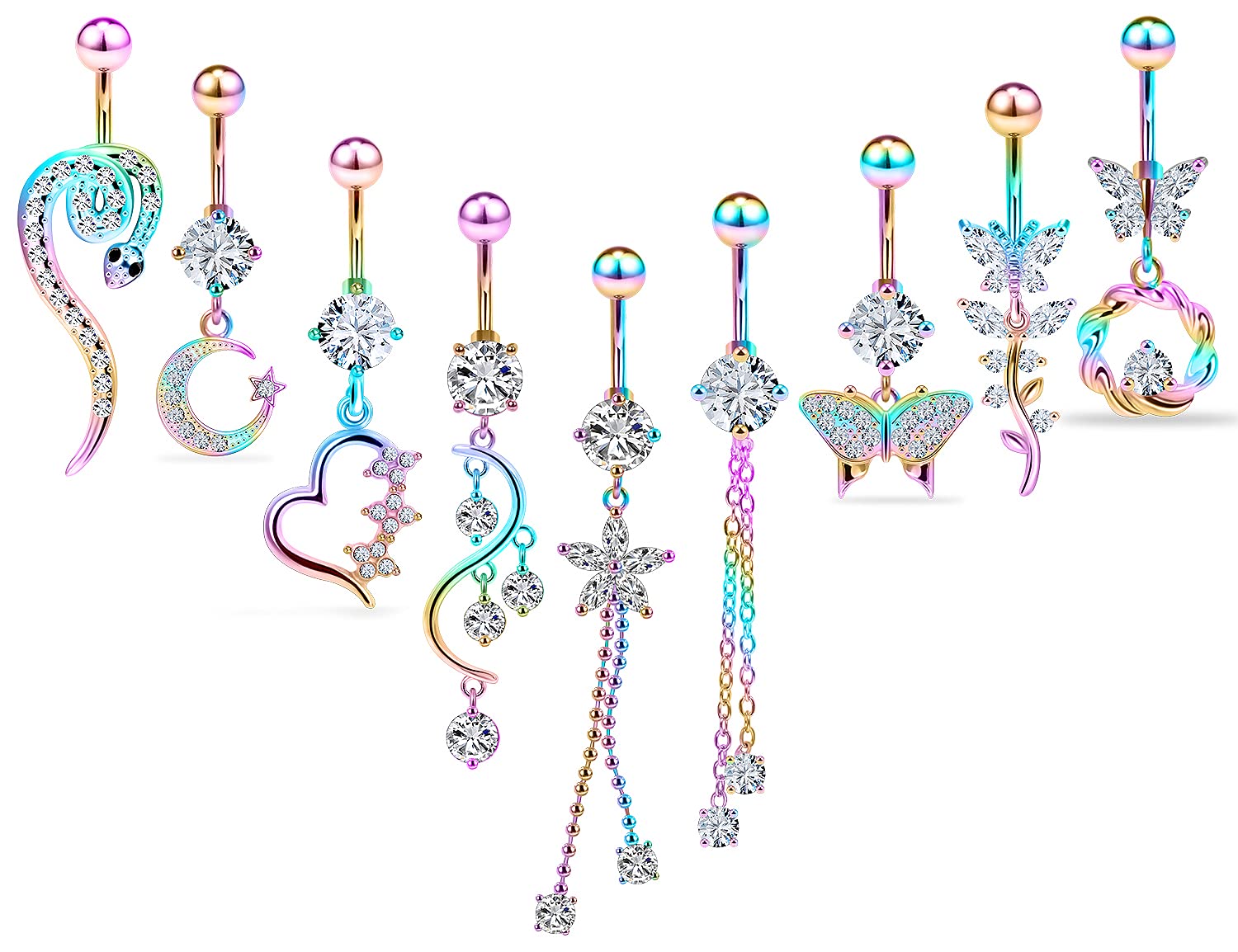 Vsnnsns 14G Belly Button Rings Belly Rings for Women Stainless Steel Butterfly Belly Piercing Jewelry Surgical Steel Dangle Belly Button Rings Curved Navel Ring Barbell Body Jewelry Piercing Rainbow