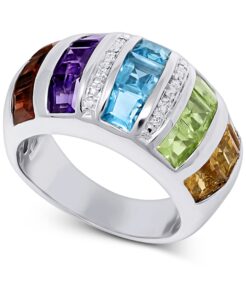 kokav 925 sterling silver multi genuine gemstones statement ring with diamonds. size 7