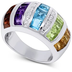 KOKAV 925 Sterling Silver Multi Genuine Gemstones Statement Ring with Diamonds. Size 7