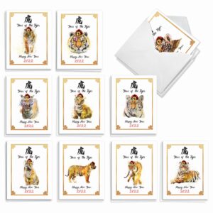 the best card company - 20 lunar new year 2022 box set 4 x 5.12 inch w/envelopes (not gold foil) chinese animals for men, women variety pack (10 designs, 2 each) year of the tiger am8989cng-b2x10-22