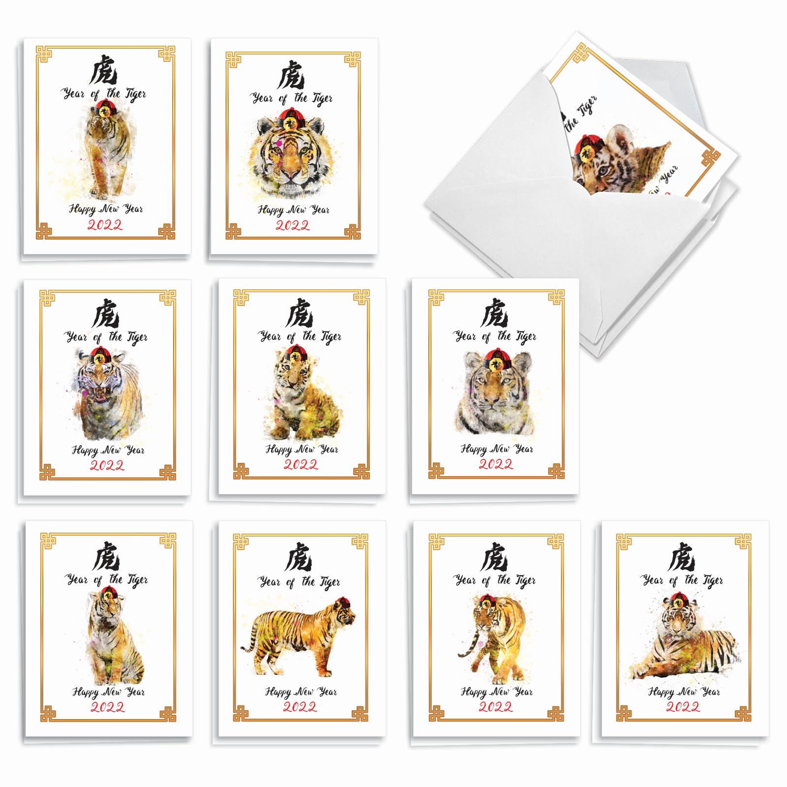 The Best Card Company - 20 Lunar New Year 2022 Box Set 4 x 5.12 Inch w/Envelopes (not Gold Foil) Chinese Animals for Men, Women Variety Pack (10 Designs, 2 Each) Year of The Tiger AM8989CNG-B2x10-22