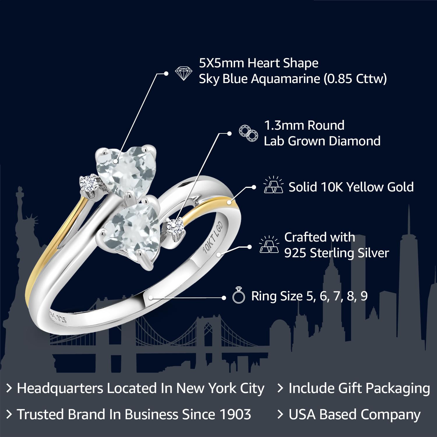 925 Silver and 10K Yellow Gold Sky Blue Aquamarine and White Lab Grown Diamond 2 Heart Promise Couple Engagement Mother Ring (0.85 Cttw, Gemstone Birthstone, Available In Size 5, 6, 7, 8, 9)