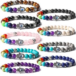 bomail 2-9pcs evil eye bracelet set hamsa 7 chakra gemstone lava stone bracelets blue evil eye hamsa charm bead bracelets for men women hand of fatima bracelet