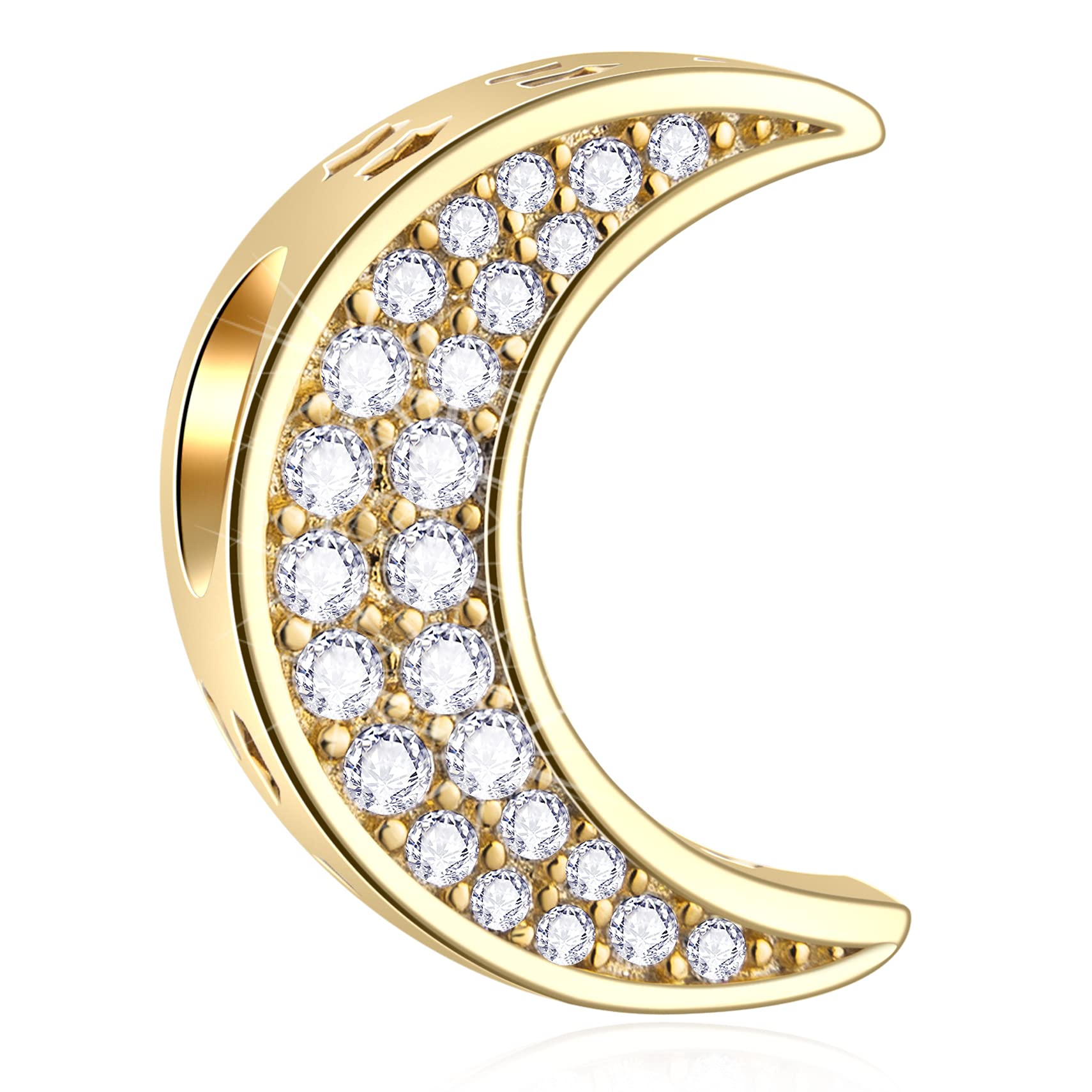 Gold Plated Sparkling Crescent Moon Charms fits Pandora Valentines Bracelet, 925 Sterling Silver Reflexions Crescent CZ Night Sky Beads, Gifts for Christmas/Sister/Girlfriend