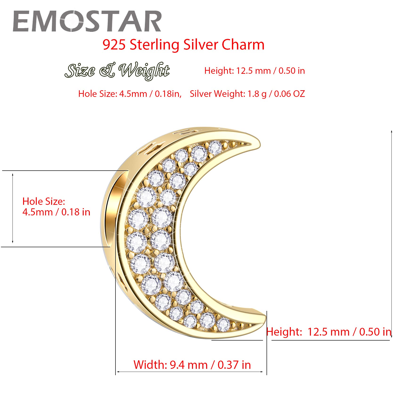 Gold Plated Sparkling Crescent Moon Charms fits Pandora Valentines Bracelet, 925 Sterling Silver Reflexions Crescent CZ Night Sky Beads, Gifts for Christmas/Sister/Girlfriend