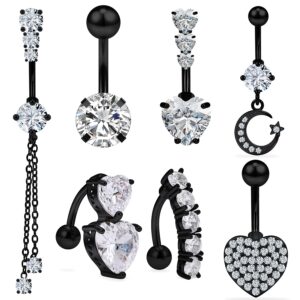 vsnnsns 14g belly button rings belly rings for women stainless steel belly piercing jewelry surgical steel dangle belly button rings curved navel ring barbell heart cz body jewelry piercing black