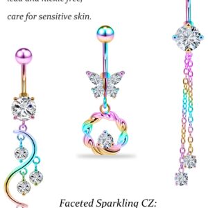 Vsnnsns 14G Belly Button Rings Belly Rings for Women Stainless Steel Butterfly Belly Piercing Jewelry Surgical Steel Dangle Belly Button Rings Curved Navel Ring Barbell Body Jewelry Piercing Rainbow