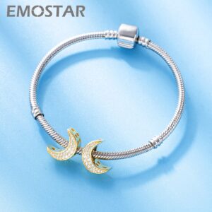 Gold Plated Sparkling Crescent Moon Charms fits Pandora Valentines Bracelet, 925 Sterling Silver Reflexions Crescent CZ Night Sky Beads, Gifts for Christmas/Sister/Girlfriend