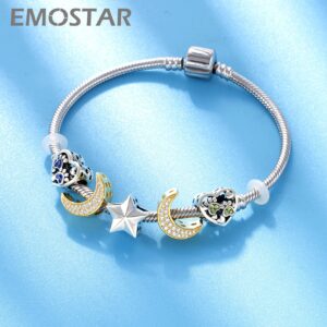 Gold Plated Sparkling Crescent Moon Charms fits Pandora Valentines Bracelet, 925 Sterling Silver Reflexions Crescent CZ Night Sky Beads, Gifts for Christmas/Sister/Girlfriend